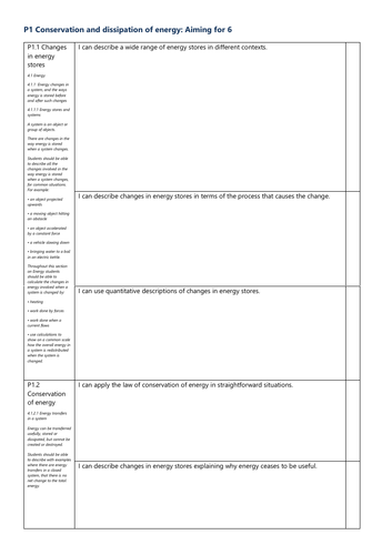 P1 Conservation and dissipation of energy Grade 6 Checklist AQA Physics ...