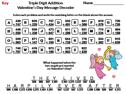 Triple Digit Addition With Regrouping Valentine's Day Math: Message ...