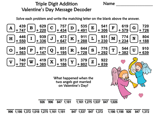 Triple Digit Addition With Regrouping Valentine's Day Math: Message ...
