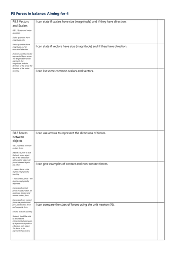 AQA GCSE Physics P8 Forces in balance Checklists Grades 4, 6 & 8 ...