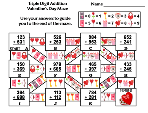 Triple Digit Addition With Regrouping Valentine's Day Math Maze ...