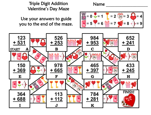 Triple Digit Addition With Regrouping Valentine's Day Math Maze ...
