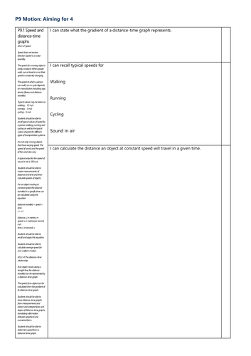 P9 Motion Grade 4 Checklist AQA Physics GCSE | Teaching Resources