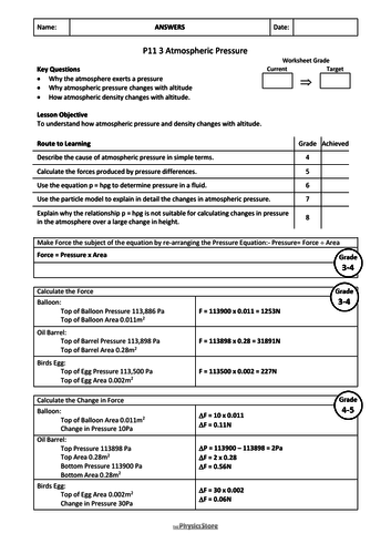 KS4 GCSE Physics AQA P11 Force and Pressure Topic - 4 Worksheets and 4 ...