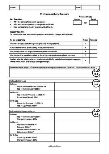 KS4 GCSE Physics AQA P11 Force and Pressure Topic - 4 Worksheets and 4 ...