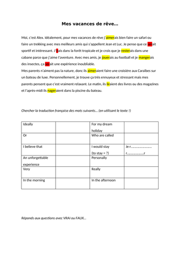 KS3 - French - Holidays - Allez 1 7.3 mes vacances de reve (reading ...