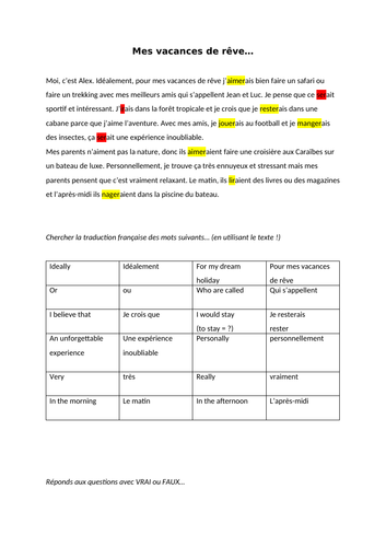 KS3 - French - Holidays - Allez 1 7.3 mes vacances de reve (reading ...