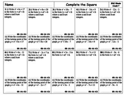 RAG Sheets - Complete the Square | Teaching Resources