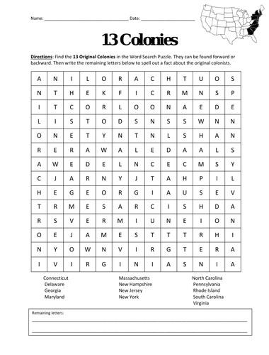 13 Colonies Word Search | Teaching Resources
