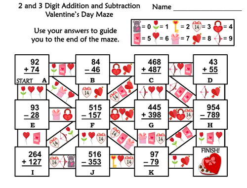 2 and 3 Digit Addition and Subtraction With Regrouping Valentine's Day ...