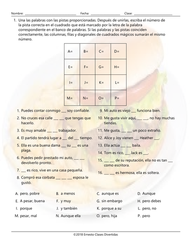 Linking Words and Connectors Magic Square Spanish Worksheet | Teaching ...
