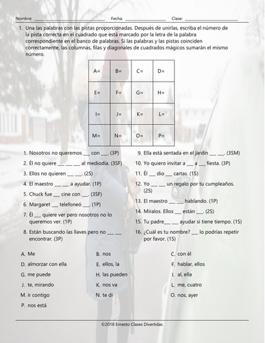 Object Pronouns Magic Square Spanish Worksheet | Teaching Resources