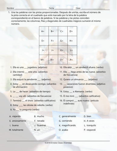 Parts of Speech Magic Square Spanish Worksheet | Teaching Resources