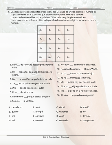 Past Simple Tense with Regular Verbs Magic Square Spanish Worksheet ...