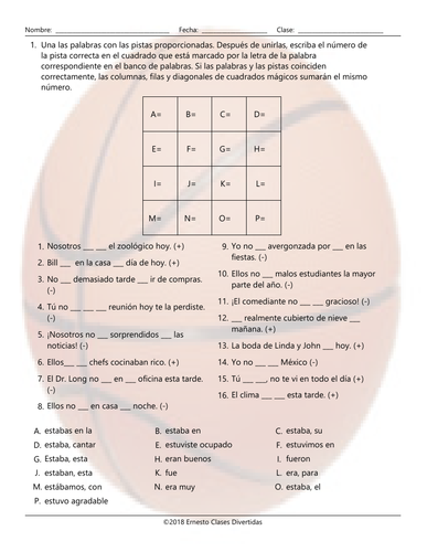 Past Simple with Verbs Estar and Ser Magic Square Spanish Worksheet ...