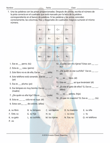 Possessive Adjectives Magic Square Spanish Worksheet | Teaching Resources