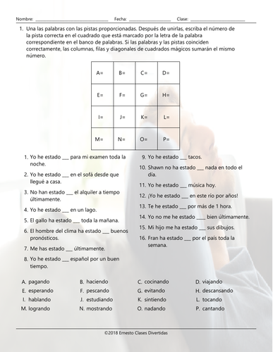 Present Perfect Continuous Tense Magic Square Spanish Worksheet ...