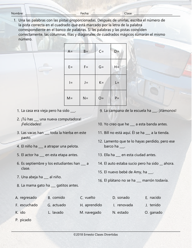 Present Perfect Tense Magic Square Spanish Worksheet | Teaching Resources