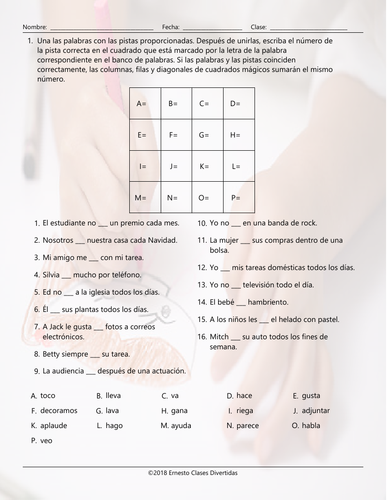 Present Simple Tense Magic Square Spanish Worksheet | Teaching Resources