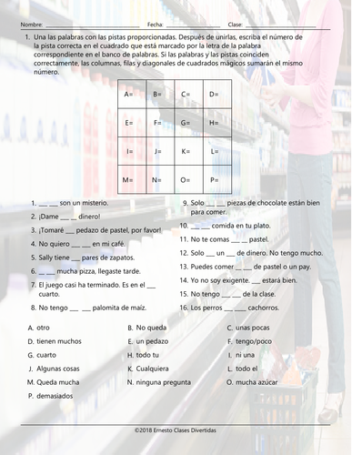 Quantifiers Magic Square Spanish Worksheet | Teaching Resources