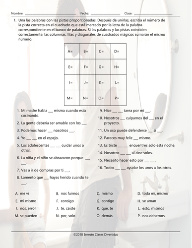 Reflexive and Reciprocal Pronouns Magic Square Spanish Worksheet ...