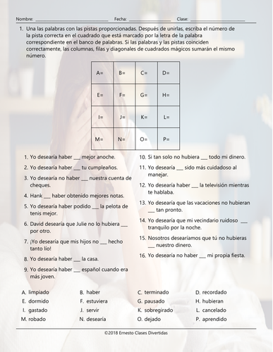 Regret Modals Magic Square Spanish Worksheet | Teaching Resources
