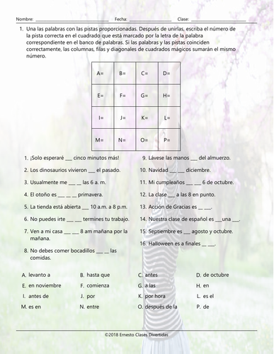 Time Prepositions Magic Square Spanish Worksheet | Teaching Resources