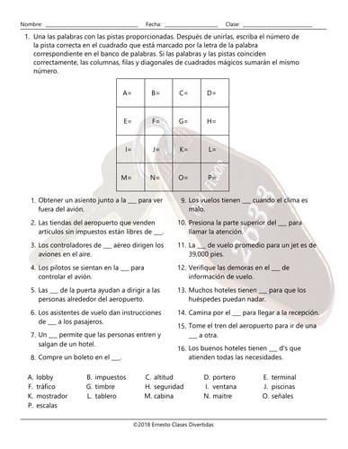 Airports and Hotels Magic Square Spanish Worksheet | Teaching Resources