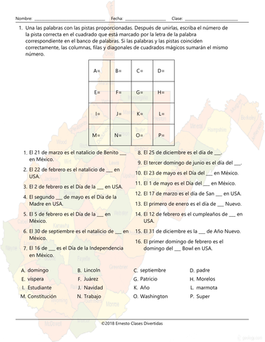 American versus Mexican Holidays Magic Square Spanish Worksheet ...
