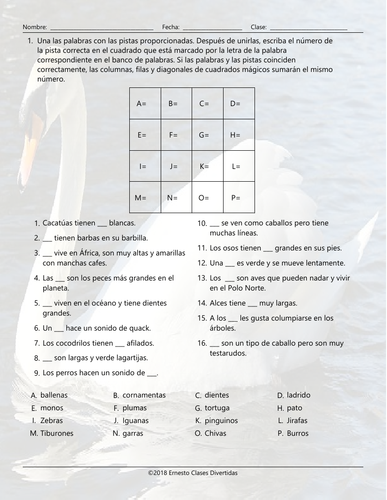 Animals Magic Square Spanish Worksheet | Teaching Resources