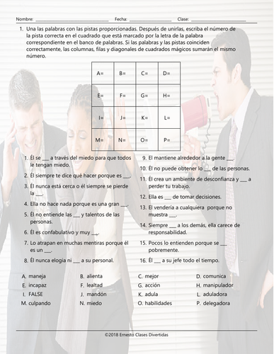 Bad Bosses are Bad Business Magic Square Spanish Worksheet | Teaching ...