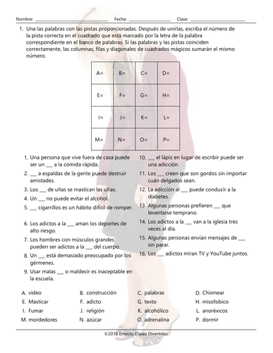 Bad Habits and Addictions Magic Square Spanish Worksheet | Teaching ...