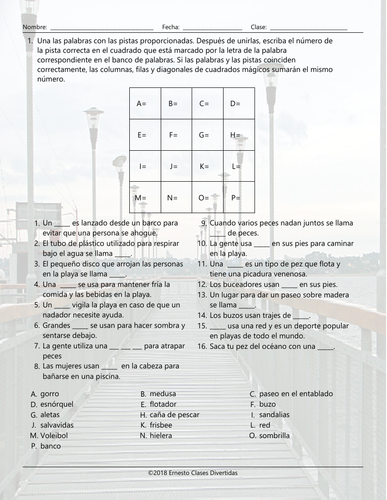 Beach Things and Activities Magic Square Spanish Worksheet | Teaching ...