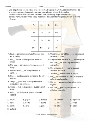 Camping Things and Activities Magic Square Spanish Worksheet | Teaching ...