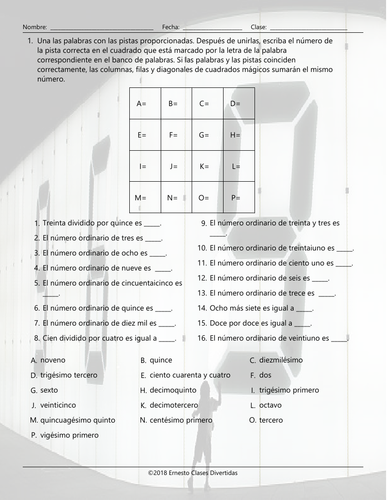 Cardinal and Ordinal Numbers Magic Square Spanish Worksheet | Teaching ...