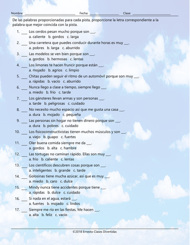 Adjectives Multiple Choice Spanish Worksheet | Teaching Resources