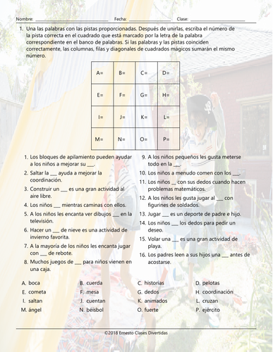 Childhood Activities Magic Square Spanish Worksheet | Teaching Resources