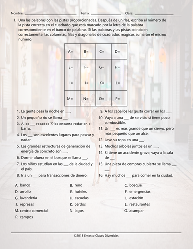 City versus Country Magic Square Spanish Worksheet | Teaching Resources