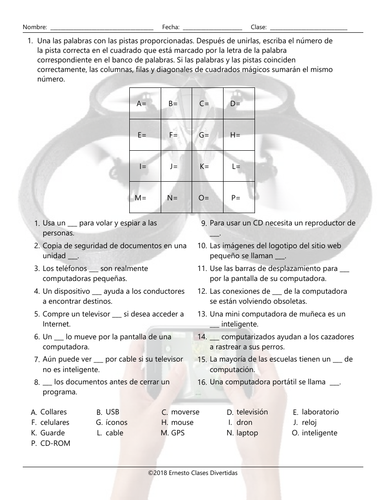 Computer Technology Magic Square Spanish Worksheet | Teaching Resources