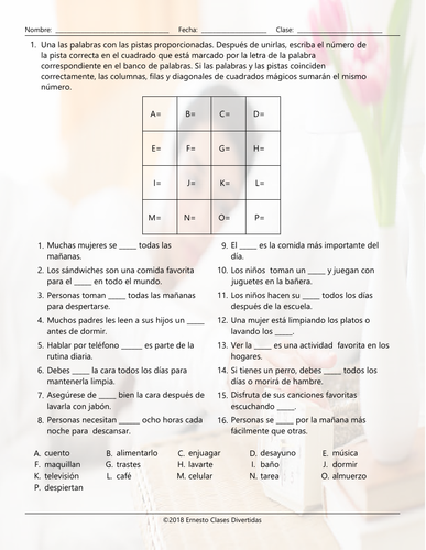 Daily Activities Magic Square Spanish Worksheet | Teaching Resources