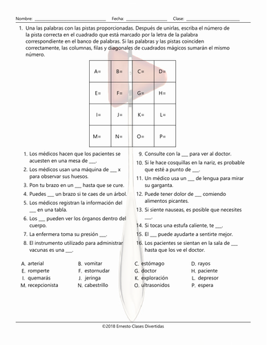 Doctor's, Illnesses, and Injuries Magic Square Spanish Worksheet ...