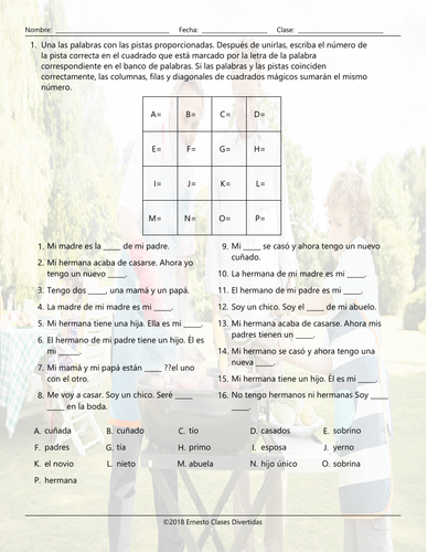 Family Members Magic Square Spanish Worksheet | Teaching Resources