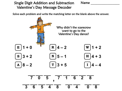 Single Digit Addition and Subtraction Valentine's Day Math: Message ...
