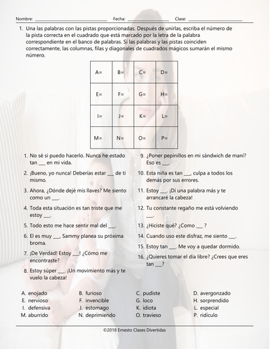 Feelings and Emotions Magic Square Spanish Worksheet | Teaching Resources