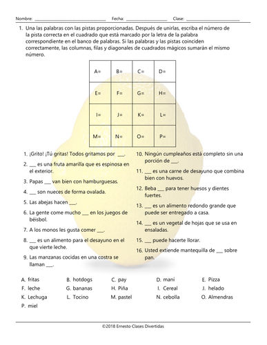 Food Items Magic Square Spanish Worksheet | Teaching Resources