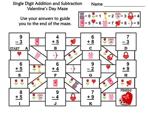 Single Digit Addition and Subtraction Valentine's Day Math Maze ...
