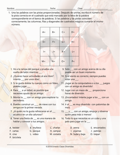 Friendship Activities Magic Square Spanish Worksheet | Teaching Resources