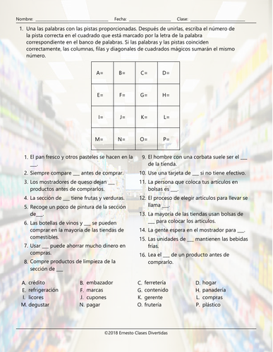 Grocery Shopping Magic Square Spanish Worksheet | Teaching Resources