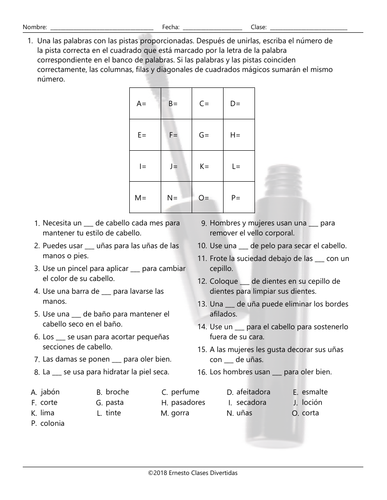 Health and Personal Hygiene Magic Square Spanish Worksheet | Teaching ...