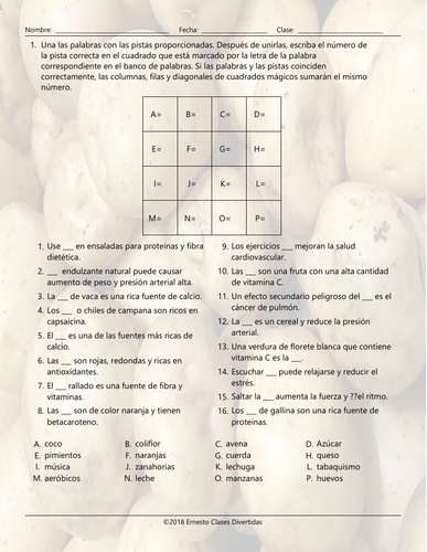 Healthy Lifestyle and Nutrition Magic Square Spanish Worksheet ...